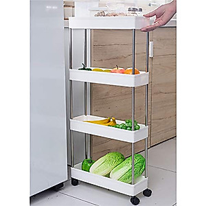 Modern Home 4 Tier Narrow Sliding Storage Organizer Rack - Laundry/Bathroom/Kitchen Rolling Cart (White)