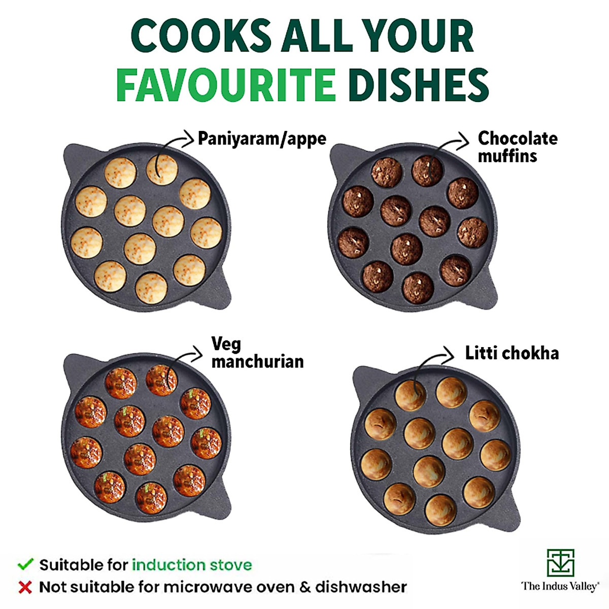 The Indus Valley Pre-Seasoned Cast Iron Paniyaram Pan (12 Pits - Twin Handle),Black