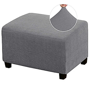 PrinceDeco Stretch Ottoman Cover Ottoman Slipcovers Rectangle for Living Room Foot Stool Stretch Covers to Fit Ottoman Foot Rest, Thick Checked Jacquard Fabric with Elastic Bottom (Large Size, Grey)