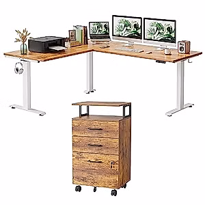 FEZIBO 75 Inch L Shaped Standing Desk with File Cabinet, Rustic Brown