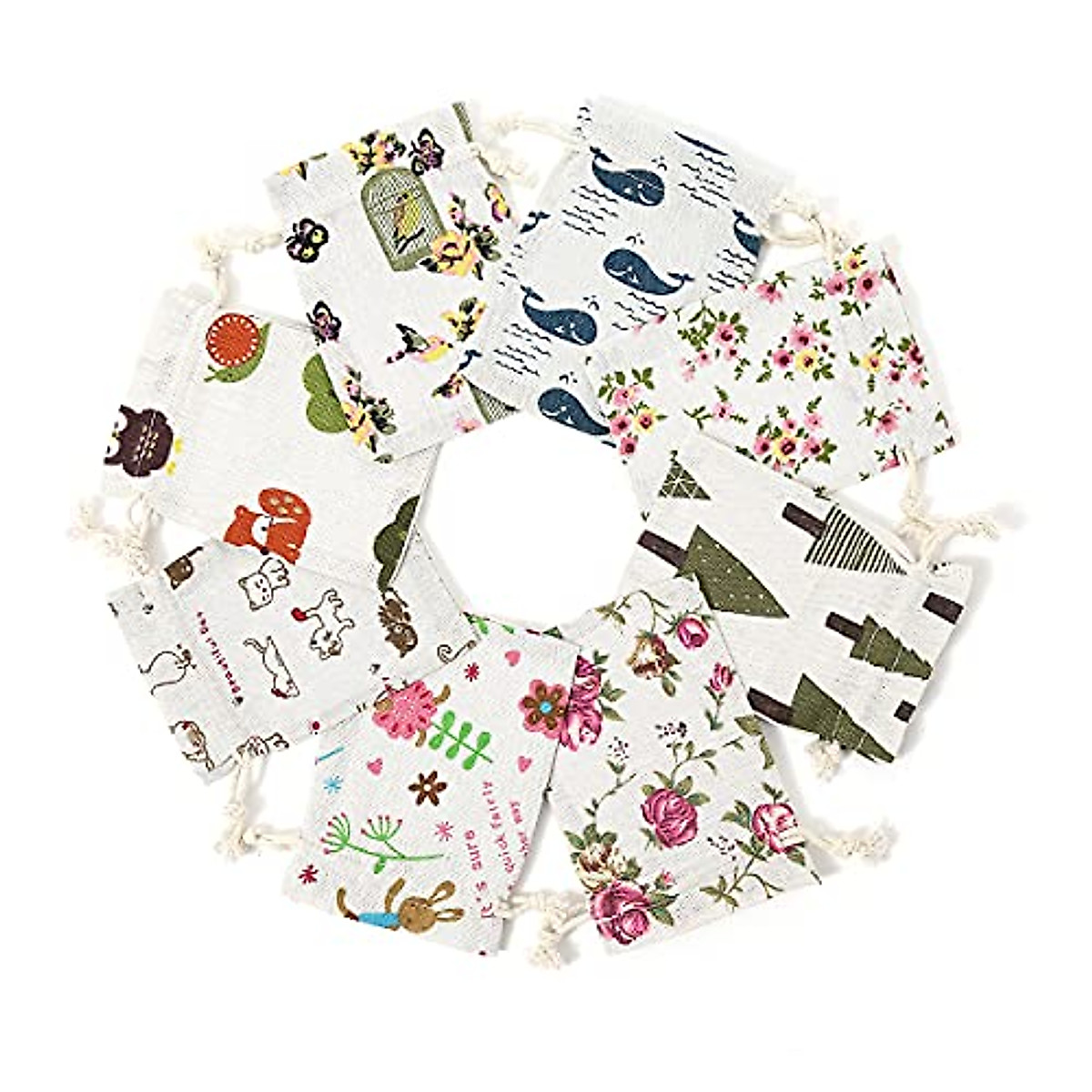 YoungJewl 50PCS Jewelry Burlap Bags with Drawstring Linen Big Roses Flower Pouch Gift Bags for Wedding Favors Party and DIY Craft (4X6Inches)