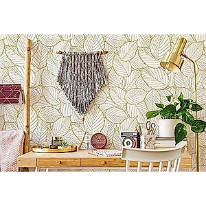 Peel and Stick Wallpaper Gold Contact Paper Leaf Wallpaper Boho Leaves Peel and Stick Wallpaper Self-Adhesive Wallpaper Waterproof Wallpaper for Wall Home 17.7" X118"