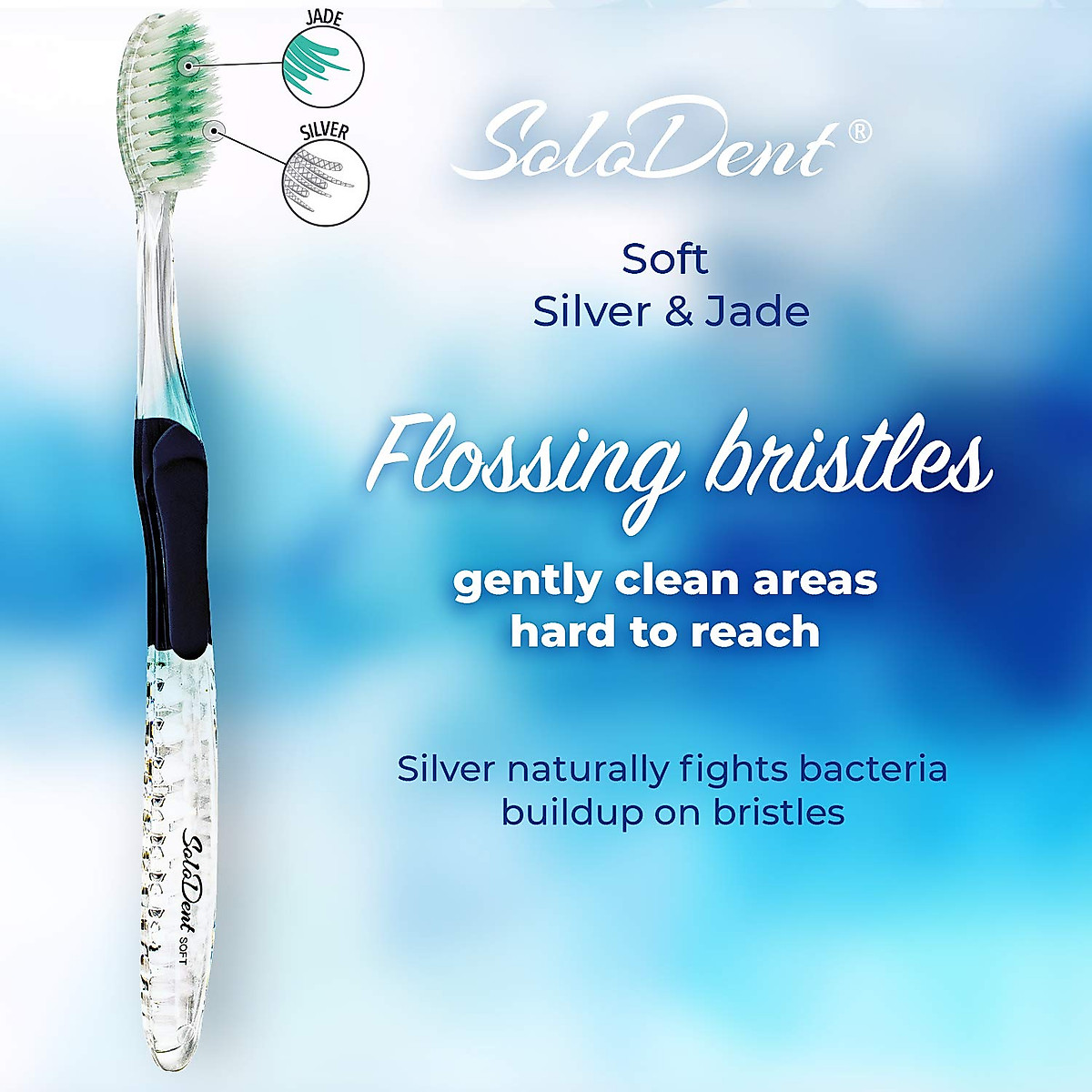Solodent Toothbrush Soft, Silver & Jade Flossing Bristles (Pack of 2) Colors May Vary