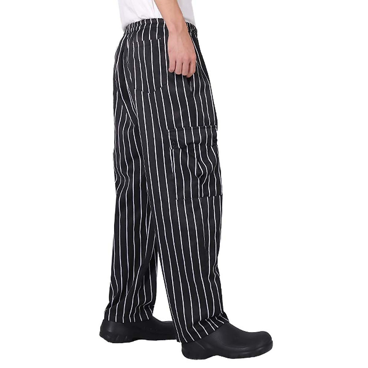 Men's and Women's Baggy Chef Pants Black and White Stripes Cargo Style Cook Pant Black S
