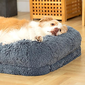 2 in 1 Calming Dog Beds for Large Dogs, Dual Layer Orthopedic Egg Crate Foam & Memory Foam Faux Fur Shag Pet Mattress Warming Rectangle Cuddle Bed Comfy Anti Anxiety, Washable Cover Anti-Slip