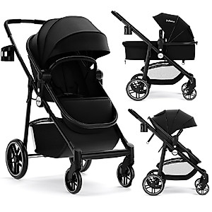 INFANS 2 in 1 Baby Stroller, High Landscape Infant Stroller & Reversible Bassinet Pram, Foldable Pushchair with Adjustable Canopy, Storage Basket, Cup Holder, Suspension Wheels (Black)