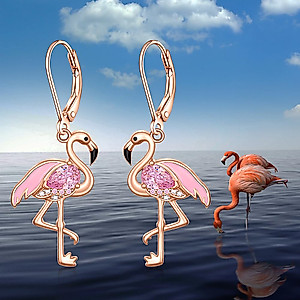 Flamingo Earrings for Women Christmas Flamingo Dangle Earrings Rose Gold Sterling Silver Leverback Flamingos Jewelry