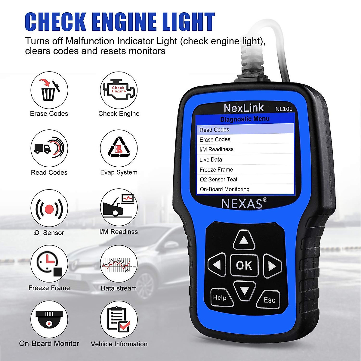 NEXAS NL101 OBD2 Scanner Diagnostic Tool & Battery Tester, Check Car Engine Light Code Reader Scan Tool with Full OBDII Function Live Data Stream for All Vehicles, Free Protective Case & Update