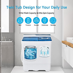 COSTWAY Portable Washing Machine, Twin Tub 26 Lbs Capacity, 18 Lbs Washer and 8 Lbs Spinner, Compact Washer with Control Knobs, Timer Function, Drain Pump, Laundry washer for Apartment RV, Blue