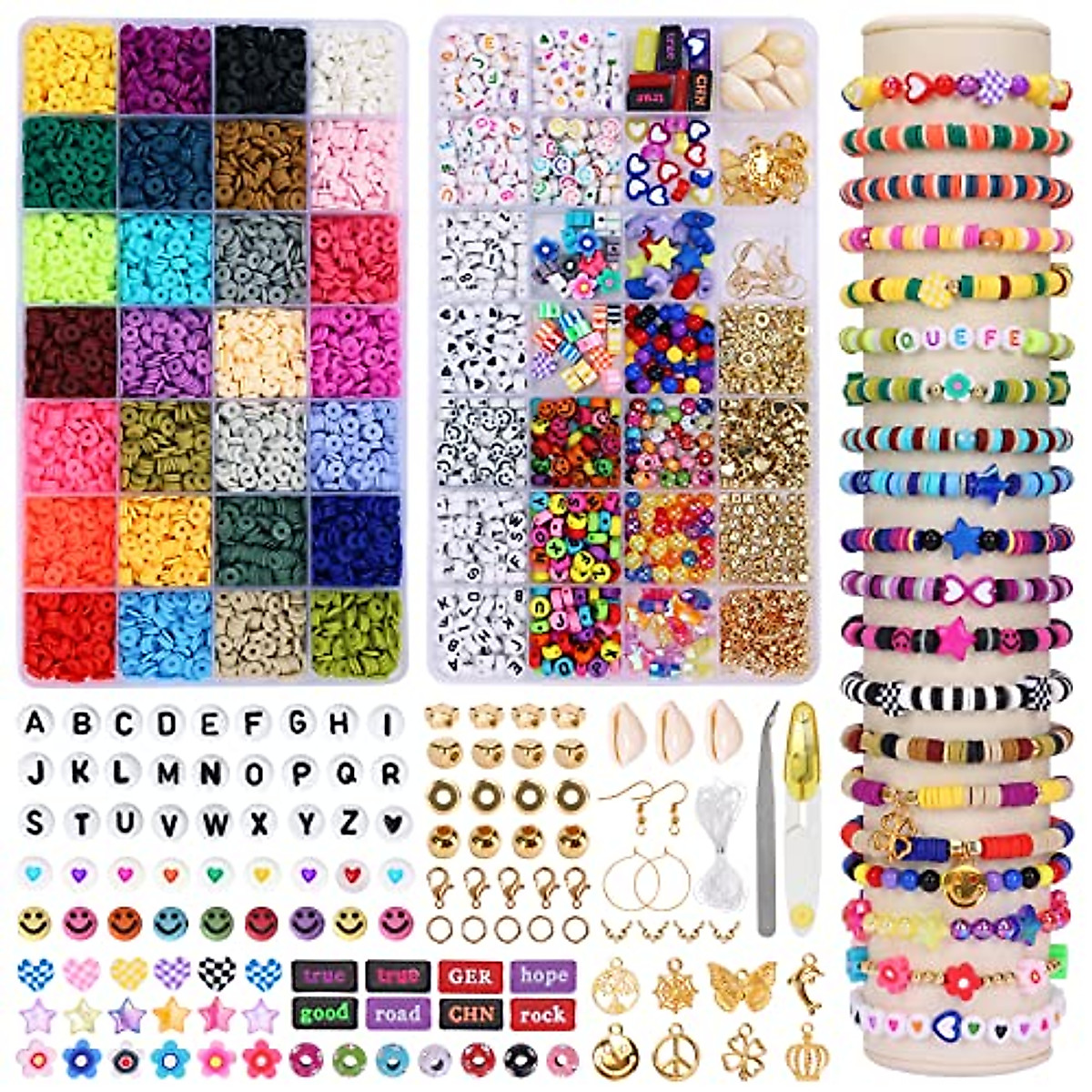 QUEFE Clay Beads Bracelet Kit, 7000pcs, 28 Colors, Jewelry Making, Flat Round Polymer Clay Beads, Fashion Craft Kit, DIY Craft Jewelry Making Gifts