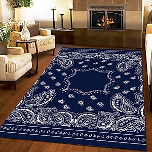 Vintage Bohemian Blue Bandana Area Rug, Abstract Paisley Floral Pattern Large Rugs, with Anti-Slip Easy Clean Carpet for Living Room Bedroom Kitchen Dining Room Home Office Floor Rug-3x4ft