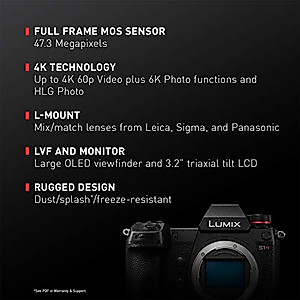 Panasonic LUMIX S1R Full Frame Mirrorless Camera with 47.3MP MOS High Resolution Sensor, L-Mount Lens Compatible, 4K HDR Video and 3.2” LCD - DC-S1RBODY