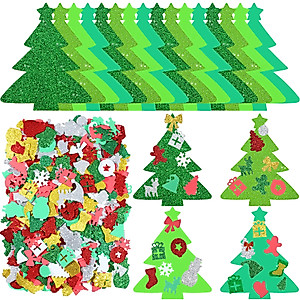 Outus 24 Kits DIY Christmas Tree Foam Stickers Bulk Self Adhesive Holiday Winter Glitter Foam Stickers Christmas Tree Craft Kits for Kids Party Favors Fun Home Activities