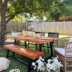 PHI VILLA Outdoor Wood Table Bench Set for 3, 1 Wood Dining Table & 1 Wooden Bench, Acacia Wood Patio Furniture Set for Porch Yard Deck, Teak Color