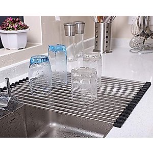 Roll Up Dish Drying Rack Over The Sink Dish Drying Rack Portable Stainless Steel Rolling Rack Kitchen Rolling Dish Drainer Sink Rack Mat Dish Racks for Kitchen Sink Counter (17.7" L x 13" W, Black)