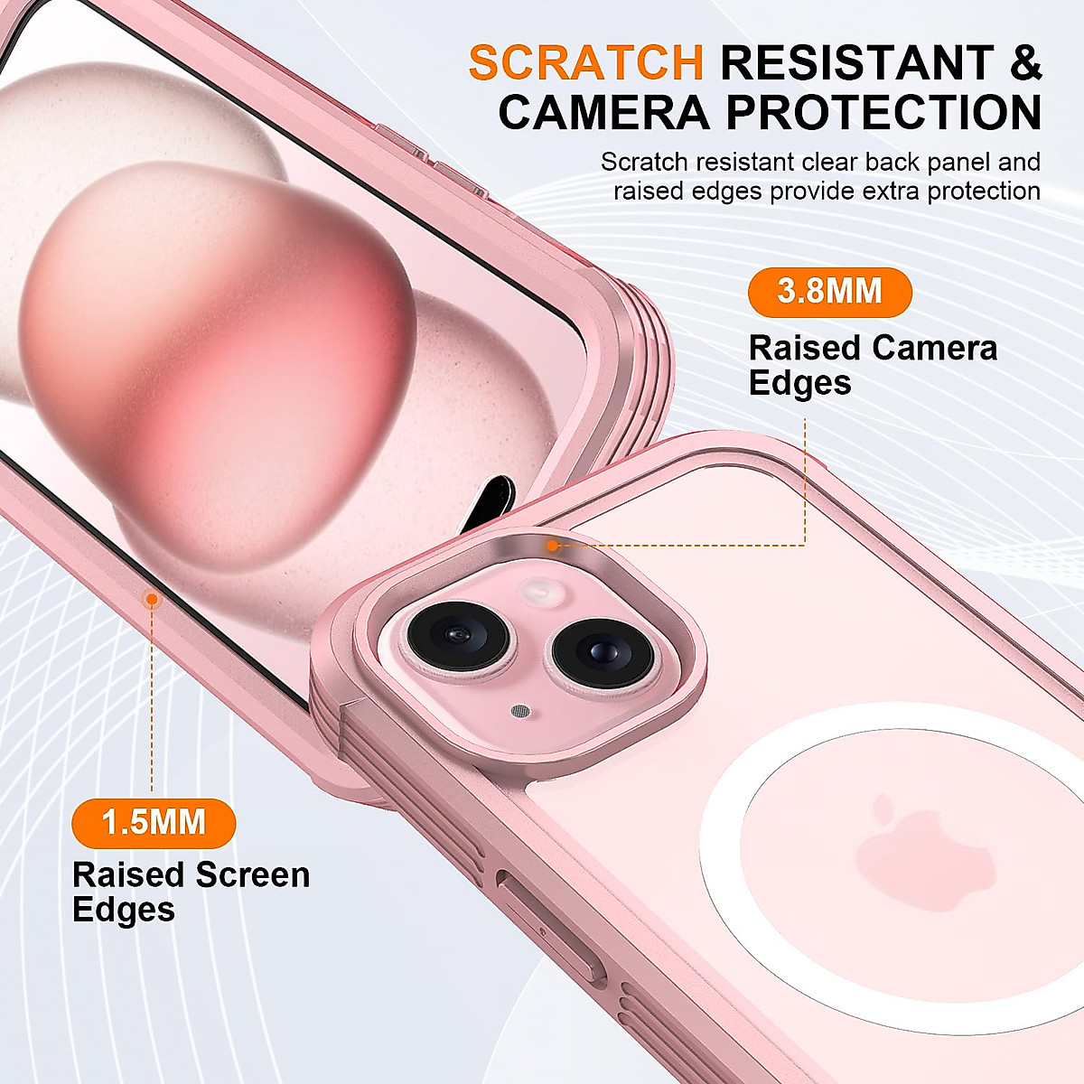 Ezanmull for iPhone 15 Case [Compatible with MagSafe] [with Built-in Touch Sensitive Anti-Scratch 9H Tempered Glass Screen Protector + Camera Lens Protector] Full-Body Magnetic Case (Clear&Pink)