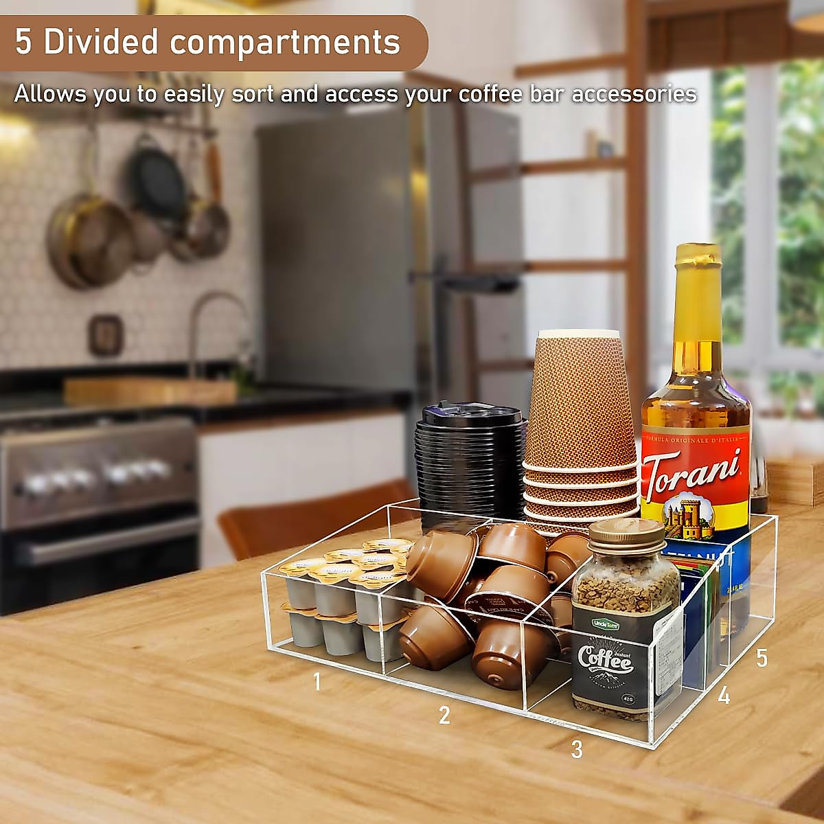 KAIDELI Acrylic Coffee Bar Station Organizer for Countertop, Office, Home Coffee K Cup Holder Holds Paper Cups, Condiments, Coffee Pods, Syrups, Creamer, Multi-Purpose Coffee Bar Accessories Organizer
