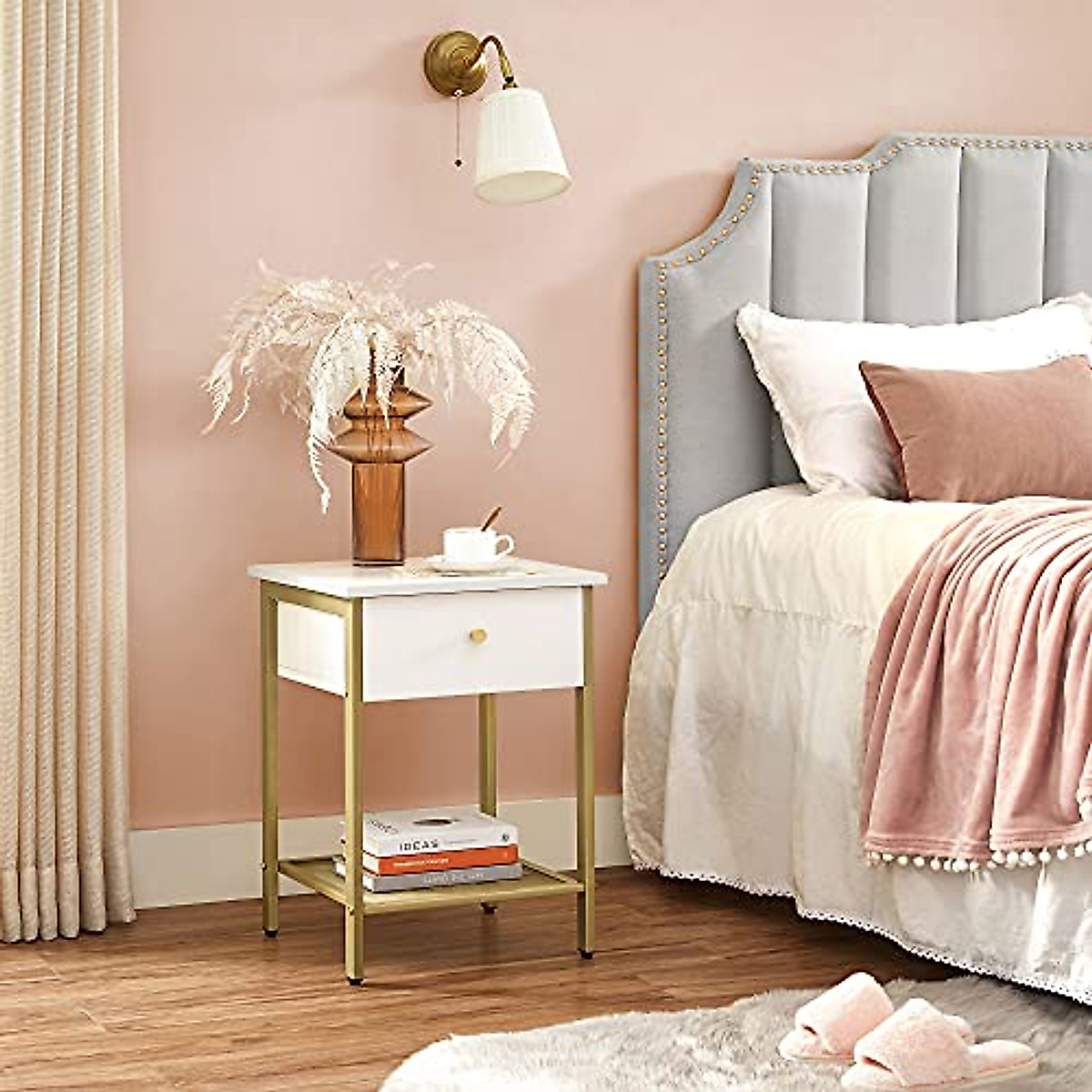 VASAGLE White Nightstand with Drawer, Bedside Table, End Table with Open Shelf, Modern Style for Bedroom, White and Gold ULET512A10