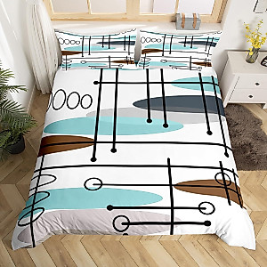 Erosebridal Mid Century Bedding Sets Queen Modern Minimalist Comforter Cover, Hippie Old Fashion Bed Set Abstract Artwork Duvet Cover, Aesthetic Lines Circles Quilt Cover Teal White Grey