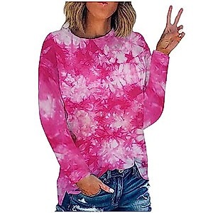 Summer Tops 2023 Summer Tie Dye Mujeres Tops Gradient Mangas Largas Camisetas Túnica Cuello Redondo Otoño Invierno Sudadera Pullover Tees S1-Hot Pink Medium