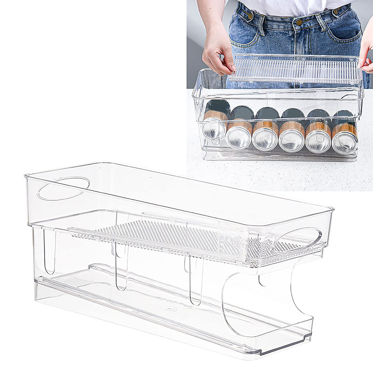 Natudeco Can Storage Dispenser for Fridge, Rolling Soda Can Organizer 2 Layer Refrigerator Beverage Holder Fridge Can Storage Rack for Drinks Cola Beer