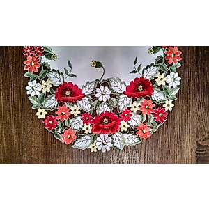 Doily Boutique Place Mat or Doily with Red Poppy Flowers on Antique White Fabric Size 27 x 13 inches