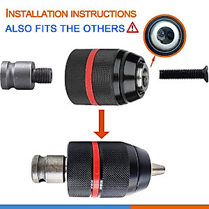GANYEE 1-13mm Keyless Drill Chuck Adapter Kit 1/2"-20UNF with SDS-Plus Shank 1/4" Hex Shank 1/2" Socket Square Female Adapter fits Rotary hammer/Impact wrench/Impact Screwdriver
