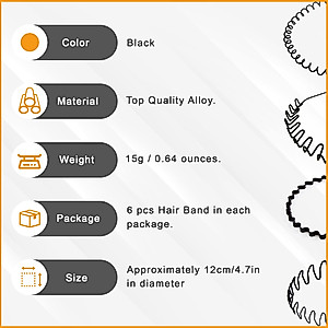 KAC Pack of 6 Unisex Wavy hair bands Non Slip Metal Head Bands for Sports, Outdoor and Yoga, Black, 6 Piece Set