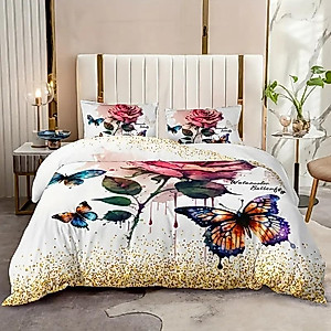 JAQWLL 3pcs Fashion Fresh Duvet Cover Set, Butterfly Floral Print Bedding Set, Soft Comfortable and Skin-Friendly Duvet Cover, for Bedroom Guest Room (1*Duvet Cover + 2*Pillowcase, Without Core) Twin