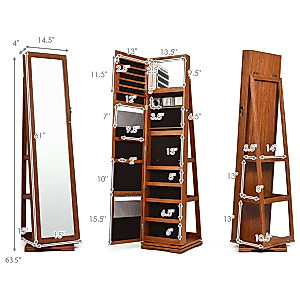 CHARMAID 360° Swivel Jewelry Armoire with Higher Full Length Mirror, Standing Lockable Jewelry Cabinet Organizer with Large Storage Capacity, Inside Makeup Mirror, Back Storage Shelves (Walnut)