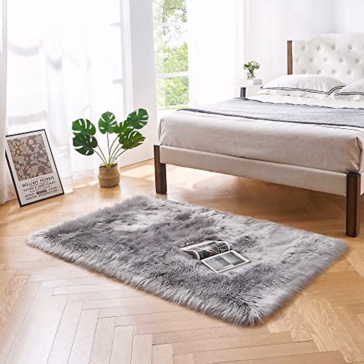 Rainlin Ultra Soft Fluffy Faux Fur Area Rugs for Bedroom Living Room Grey Fuzzy Washable Home Decor Carpets Luxury Plush Shag Rectangular Rugs,3x5 Feet
