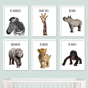 FUNNY PARTY PIECES Set of 6 Safari Animal Prints - Nursery Bedroom Decor For Children Baby, Nursery Wall Art - Jungle Safari Decor - Cute Prints With Inspiring Messages