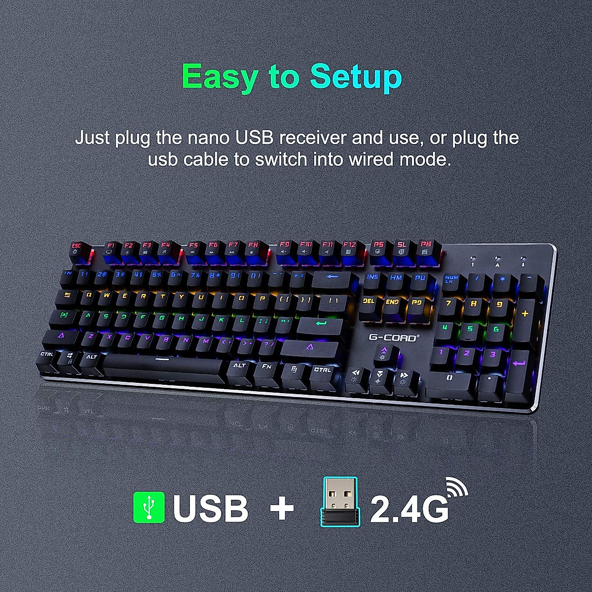G-Cord Wireless Mechanical Gaming Keyboard, 104 Keys Wired Keyboard with Numpad, Anti-Ghosting Computer Keyboard for PC Desktop Gamers