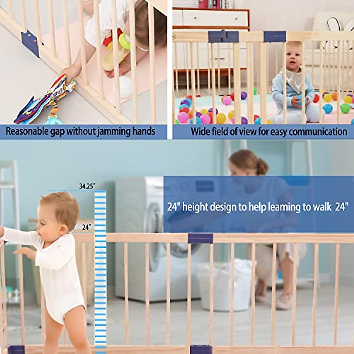 Largest Baby Gate Playpen, Kids Play Fence with Door, Play Area Indoor Kids,Safety Activity Center Playard w/Locking Gate Outdoor,Without Mat（Natural Wood,71”×79”）