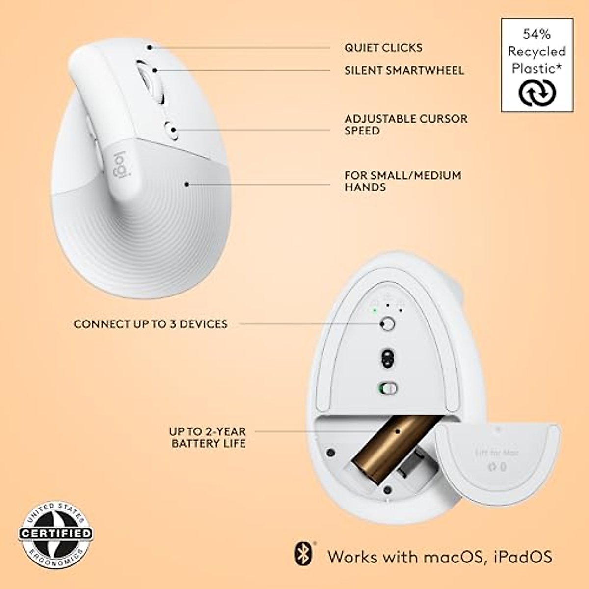 Logitech Lift for Mac Wireless Vertical Ergonomic Mouse, Bluetooth, Quiet Clicks, Silent Smartwheel, 4 Customizable Buttons, for macOS/iPadOS/MacBook Pro/Macbook Air/iMac/iPad - Off White