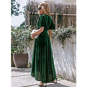 BerryGo Women's Semi Formal Velvet Wrap Dress Prom Cocktail Short Sleeve Swing Long Maxi Dress Emerald Green S