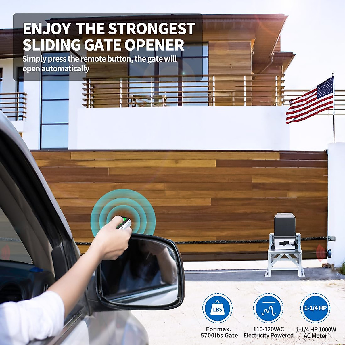 TOPENS CK2600 Automatic Sliding Gate Opener Chain Drive Industrial Commercial 1-1/4 HP Gate Motor for Heavy Driveway Slide Gates Up to 5700 Pounds, AC Powered with 20ft Roller Chain and Remote Control