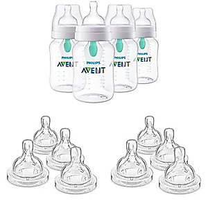 Philips Avent Anti-Colic Baby Bottles with AirFree Vent, 9oz, 4pk, Clear, SCY703/04 & Anti-Colic Baby Bottle Flow 3 Nipple, 4pk, SCY763/04 & Anti-Colic Baby Bottle Flow 4 Nipple, 4pk, SCY764/04