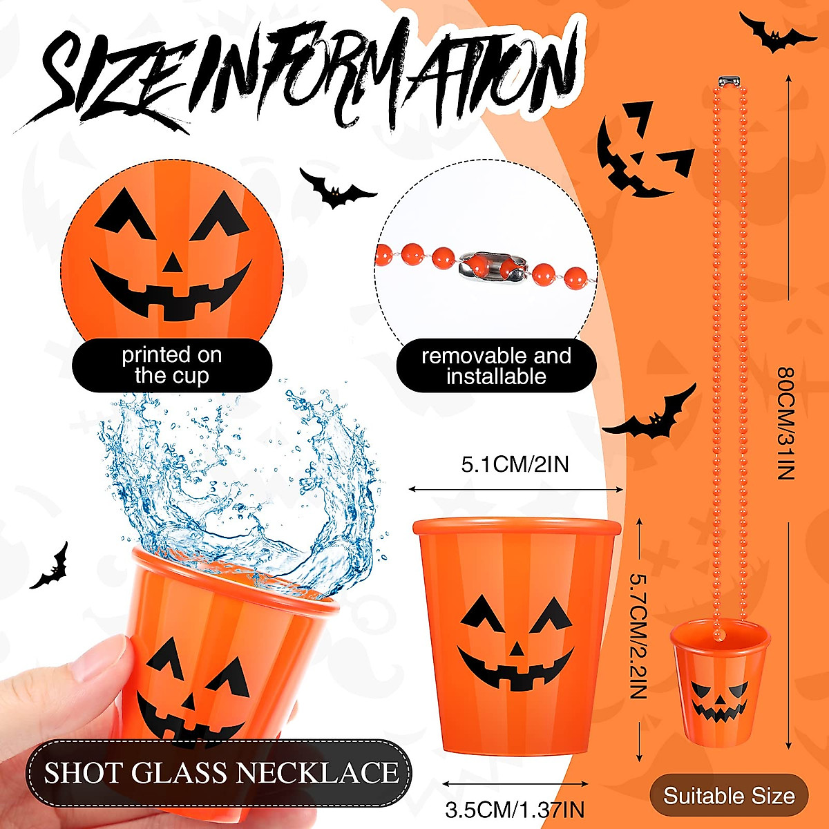 Geelin 24 Pieces Halloween Shot Glass Necklace Halloween Party Cups Necklace on Beaded Plastic Shot Necklace Cups for Halloween Party Decorations Supplies (Orange, Pumpkin)