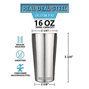 Real Deal Steel Pint Glasses - Stainless Steel Beer Tumblers - Set of 4 Insulated Cups for Outdoors
