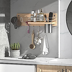 RoleDes Bamboo Hair Dryer Holder Wall Mount,Bathroom Organizer for Styling Tools,Blow Dryer,Curling Iron,Hair Straightener Floating Shelves for Hairdryer Storage