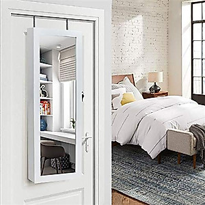 NALLBEIRRAA Jewelry Armoire Cabinet Full Length Hanging Mirror, Makeup Storage Organizer, Wall Mounted, w/Interior Mirror, LED Lights, Lock, Brush Holders, 4 Shelves (White3) …