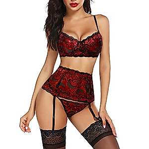 Avidlove Lingerie For Women High Waisted Lingerie Set with Garter Underwire Push Up Bra and Panty Sets(Red,M)