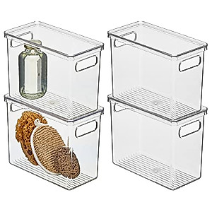 mDesign Slim Plastic Stackable Bathroom Cabinet Storage Bin Box with Handles/Lid, Drawer Stacking Organizer for Soap, Lotion, Towels, and Accessories, Ligne Collection, 4 Pack, Clear