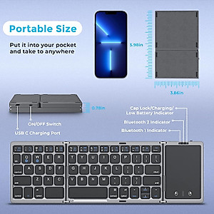 seenda Foldable Bluetooth Keyboard for Travel, Tri-Folding Wireless Portable Keyboard with Touchpad, Rechargeable Multi-Device Small Keyboard, for Laptop Tablet PC Smartphone Windows iOS Android