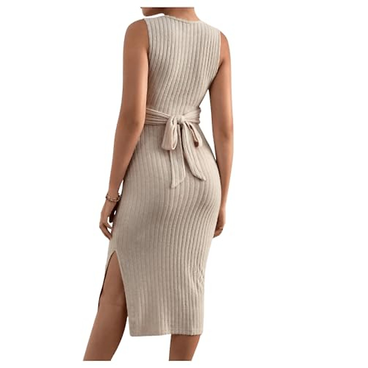 MakeMeChic Women's Maternity Ribbed Knit Sleeveless Criss Cross Tie Back Split Midi Bodycon Tank Dress Khaki L