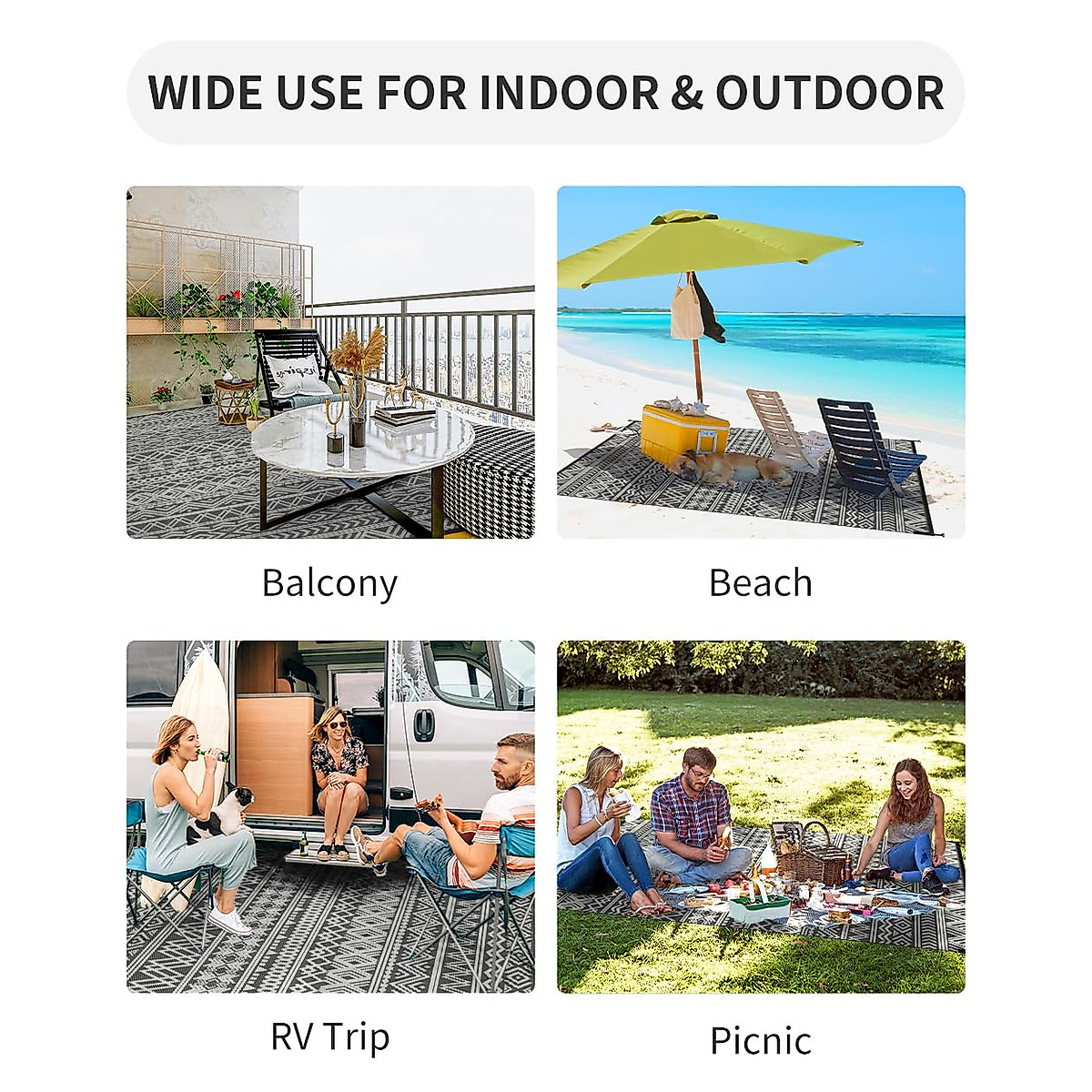 MontVoo-Outdoor Rug Carpet Waterproof 6x9 ft Reversible Patio Rug RV Camping Rug-Plastic Straw Rug Outside Indoor Outdoor Area Rug for Patio Deck Balcony Picnic Beach Outdoor Decor Boho Grey