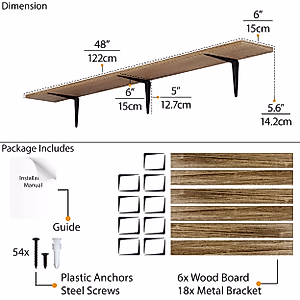 Wallniture Arras 48 inch Long Rustic Floating Shelves for Wall, Wall Bookshelf for Living Room, Floating Wall Shelf for Home Office, Bedroom, Pantry, Kitchen, Set of 6, Burnt, Wood