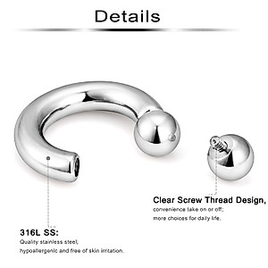 Ftovosyo 2Pcs PA Ring Horseshoe Circular Barbell 316L Surgical Steel Internally Threaded 8G Pierced Body Jewelry for Women 12mm