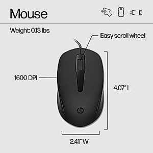 HP 150 Wired Mouse and Keyboard Combo - Full-Sized, Low-Profile Keyboard with Numeric Keypad - 1600 DPI Optical Sensor, Multi-Surface Wired Mouse - USB Plug-and-Play Connectivity (240J7AA, Black)